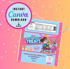 Barbie Bundle Pack. Chips, juice, Rice treats, Cupcake Toppers, Snacks – Leilani Fancy Favors