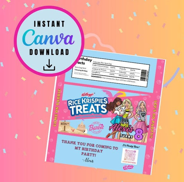 Barbie Bundle Pack. Chips, juice, Rice treats, Cupcake Toppers, Snacks – Leilani Fancy Favors