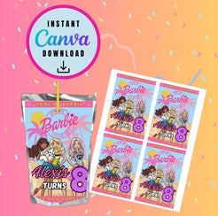 Barbie Bundle Pack. Chips, juice, Rice treats, Cupcake Toppers, Snacks – Leilani Fancy Favors