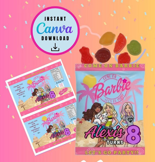 Barbie Bundle Pack. Chips, juice, Rice treats, Cupcake Toppers, Snacks – Leilani Fancy Favors